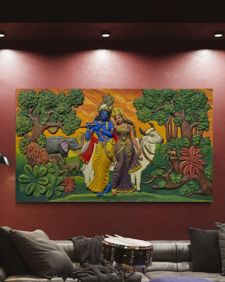 Buy 7x4 Feet Radha Krishna 3D Elevation Sculpture Relief Mural Wall Art Online - Artociti