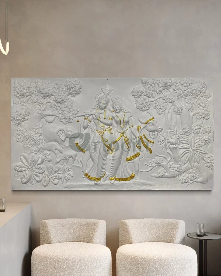 Buy 7x4 Feet Radha Krishna 3D Elevation Sculpture Relief Mural Wall Art Online - Artociti