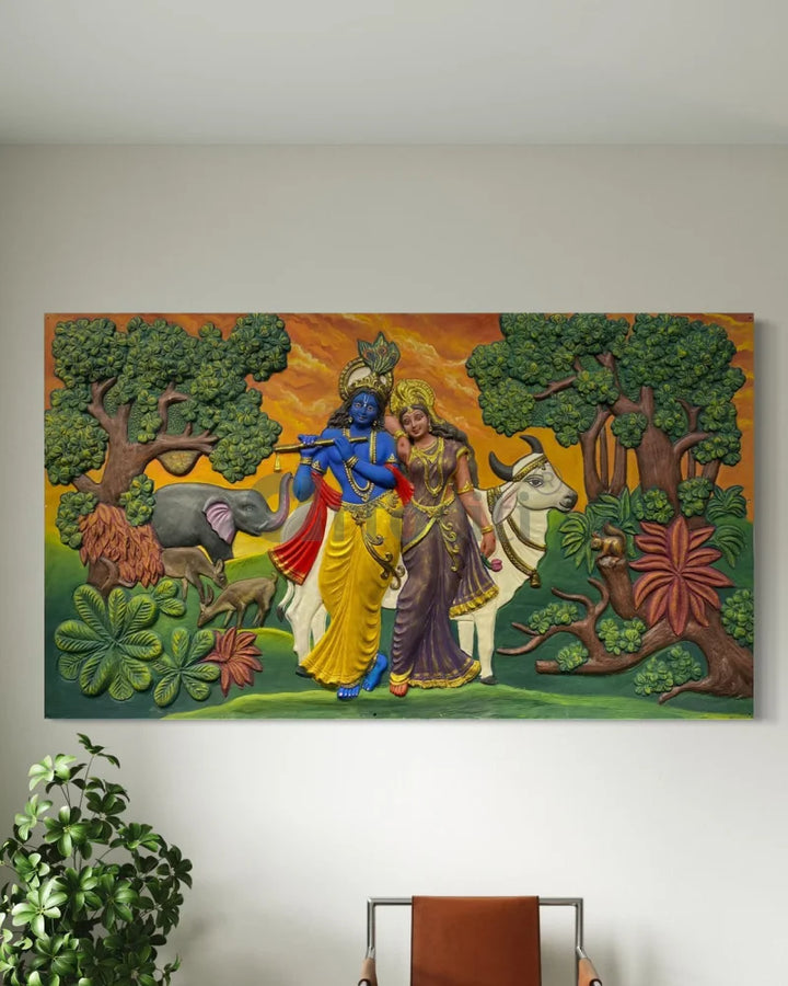 Buy 7x4 Feet Radha Krishna 3D Elevation Sculpture Relief Mural Wall Art Online - Artociti