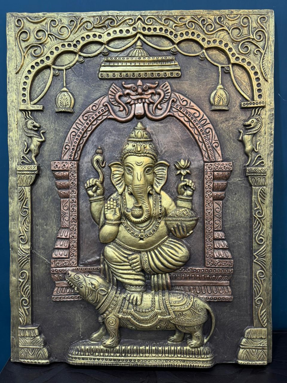 4X3 Feet Lord Ganesha 3D Relief Mural Wall Art in Golden Bronze | Divi – artociti