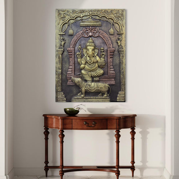 4X3 Feet Lord Ganesha 3D Relief Mural Wall Art in Golden Bronze | Divi – artociti