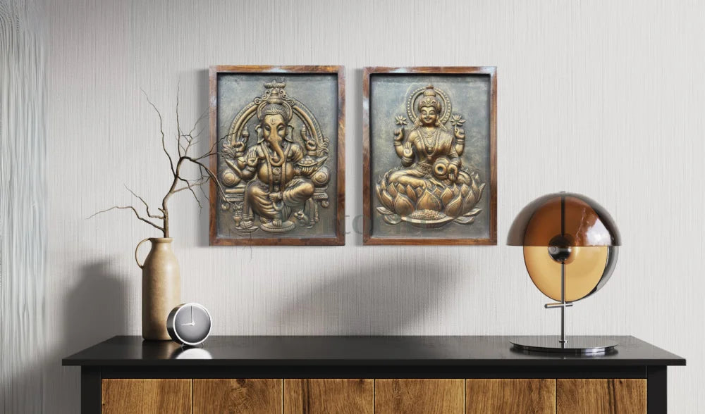 Buy Lord Ganesh & Goddess Laxmi Relief Mural Wall Art Set of 2 Online - Artociti